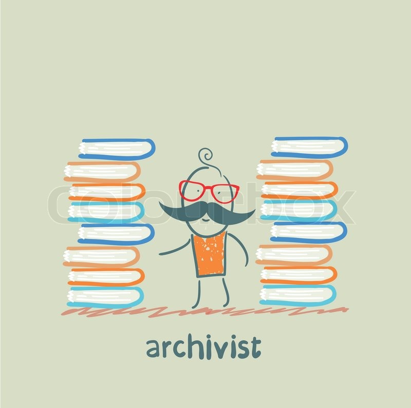 Archivist standing near piles of books | Stock vector | Colourbox