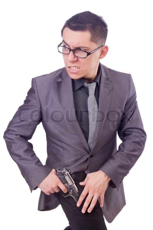 Funny businessman with gun on white | Stock image | Colourbox