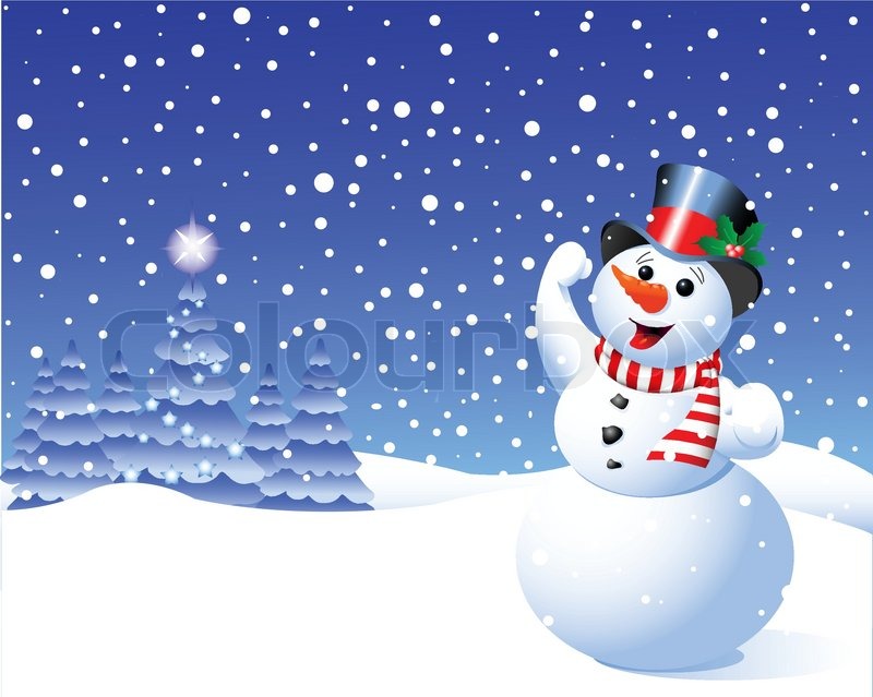 Snowman in winter scene amidst falling ... | Stock vector | Colourbox