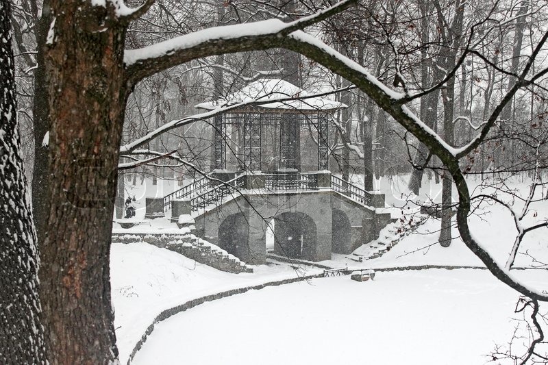 Snow-covered Chinese bridge near the ... | Stock image | Colourbox