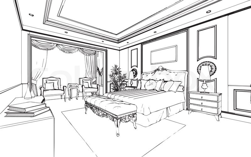 Bedroom Interior Design Drawing Sketch Coloring Page