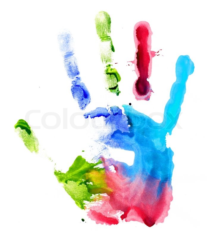 Close up of colored hand print on white ... | Stock image | Colourbox