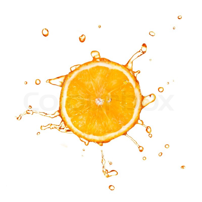 Slice of orange with juice splash isolated on white | Stock Photo ...