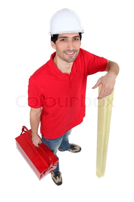 Man holding tool-box and wooden planks | Stock image | Colourbox