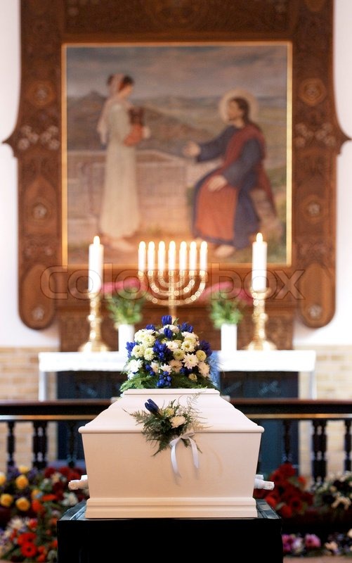White coffin inside church | Stock image | Colourbox