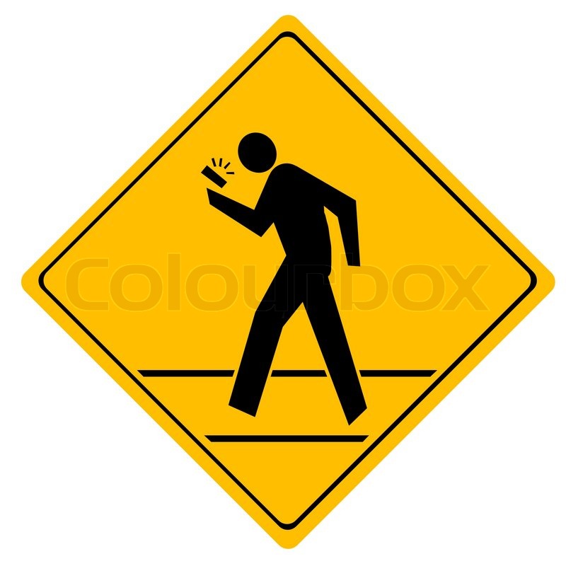 Road sign crosswalk. People crossing the road talking on the phone ...