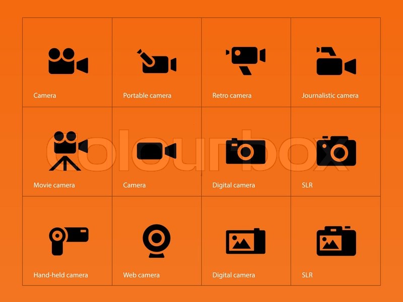Camera icons on orange background. ... | Stock vector | Colourbox