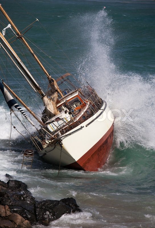 Yacht crash on the rocks after stormy ... | Stock image | Colourbox