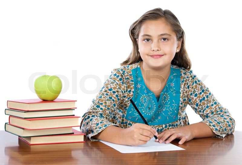 Adorable girl studying in the school a ... | Stock image | Colourbox