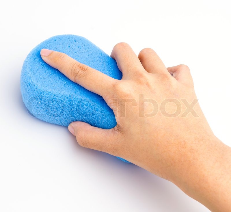 Hand holding sponge on isolated white ... | Stock image | Colourbox