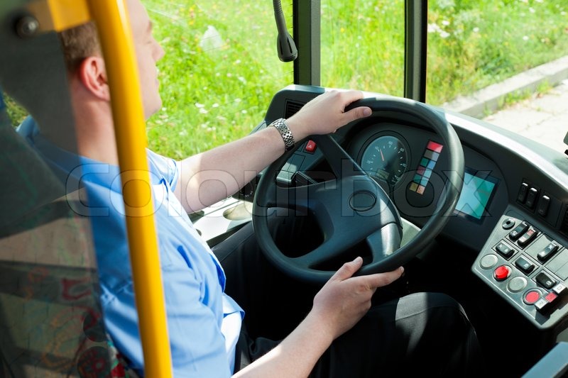 Bus driver sitting in his bus on tour | Stock image | Colourbox