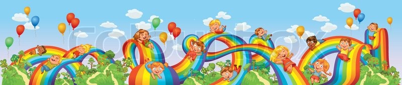 Children slide down on a rainbow. ... | Stock vector | Colourbox