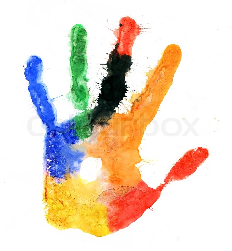 Close up of colored hand print on white ... | Stock image | Colourbox