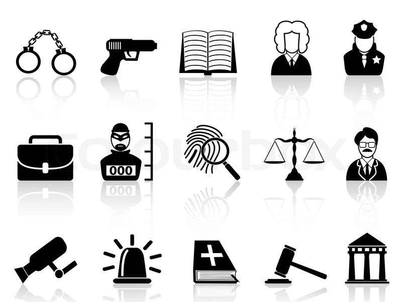 Isolated black Law and Justice icons set from white background | Stock ...