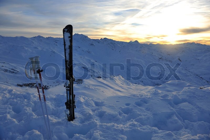 Mountain snow ski with beautiful sunset ... | Stock image | Colourbox
