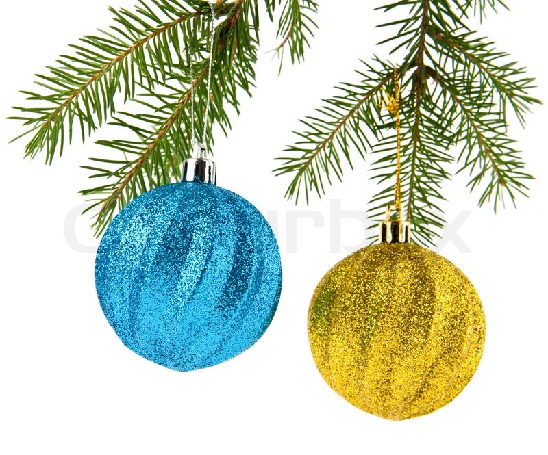 Branch of fir-tree and ball on a white ... | Stock image | Colourbox