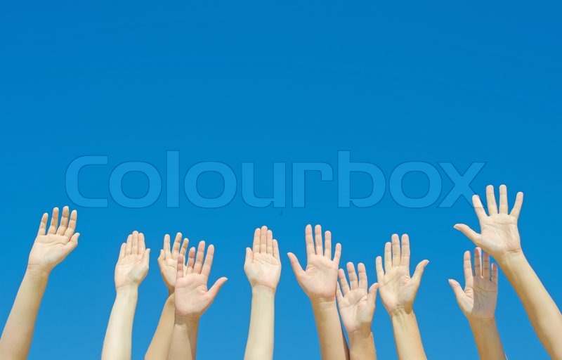 Many hands raised up against the blue ... | Stock image | Colourbox