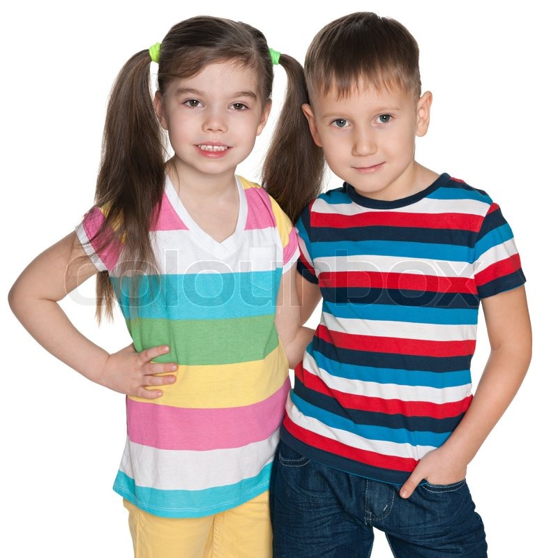 Two fashion little kids on the white ... | Stock image | Colourbox