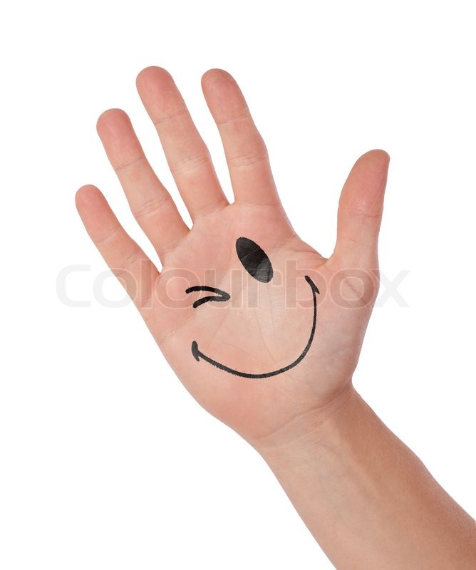 Hand with smiley isolated on white, ... | Stock image | Colourbox