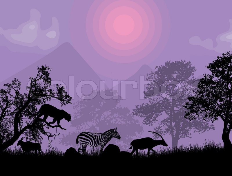 Sunset Safari - Wildlife silhouetted ... | Stock vector | Colourbox